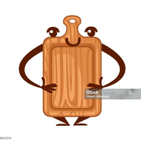 나무 직사각형 도마 주방 용품 마스코트 만화 캐릭터 디자인 흰색 배경에서 격리된 플랫 벡터 그림 가사 집안일에 대한 스톡 벡터