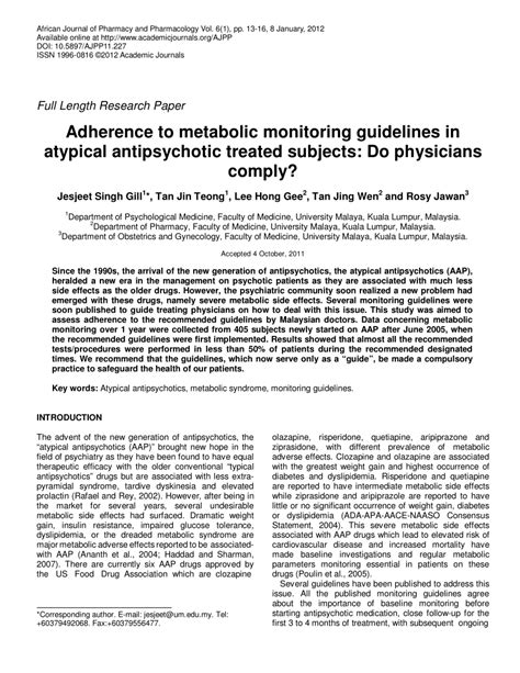 Pdf Adherence To Metabolic Monitoring Guidelines In Atypical Antipsychotic Treated Subjects