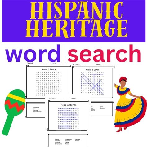 Hispanic Heritage Month Word Search Game Music Food Art