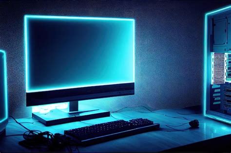 네온 조명 작업 테이블의 래스터 그림 작업 테이블 컴퓨터 모니터 와이어 파란색 네온 광선 키보드 마우스 시스템 장치 Pc 기술