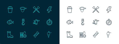 세트 라인 낚시 미끼 낚시 용 스피닝 릴 스위스 군용 칼 노 패들 보트 스프링 스케일 교차 노 양동이 및 그물 아이콘 벡터 균형에 대한 스톡 벡터 아트 및 기타 이미지