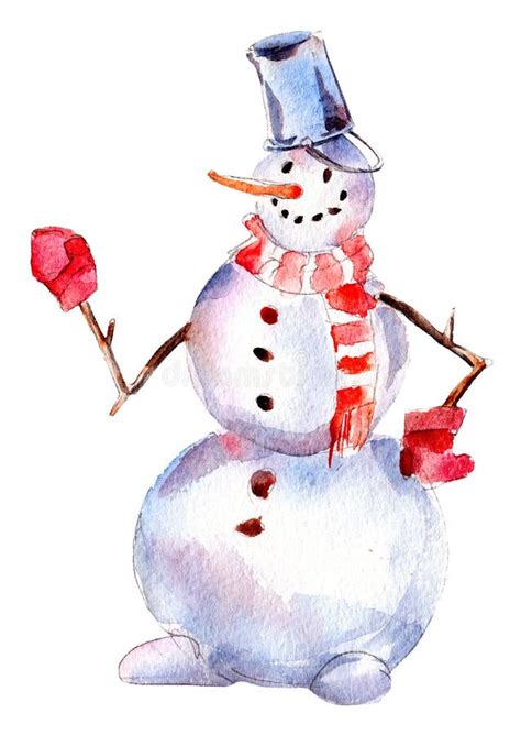 Handdrawn Vintage Snowman Watercolor Christmas Illustration Isolated