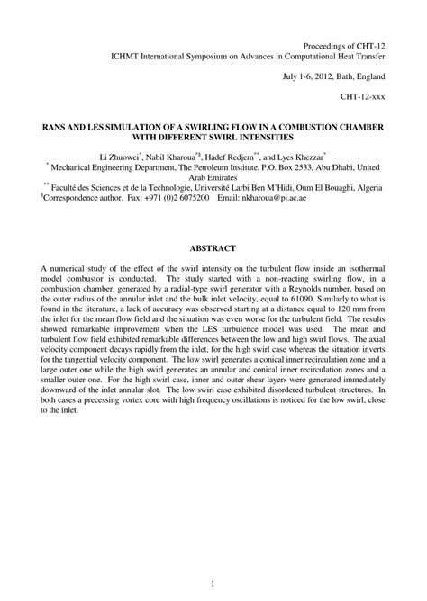 Pdf Rans And Les Simulation Of A Swirling Flow In A Combustion Chamber With Different Swirl