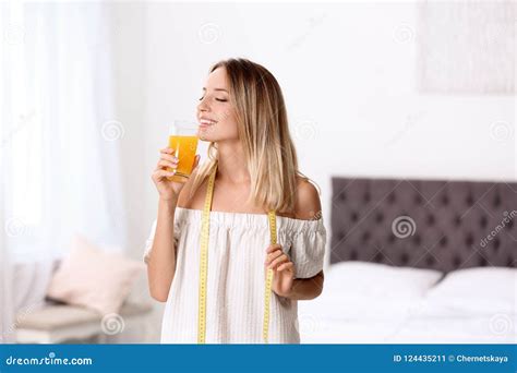 Happy Slim Woman With Measuring Tape And Glass Stock Image Image Of