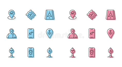 Set Line Fork In The Road City Map Navigation Location With House Turn Back Sign Anchor