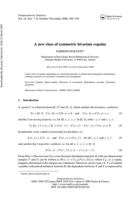 Pdf A New Class Of Symmetric Bivariate Copulas