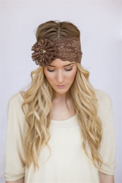 Mocha Brown Wide Stretchy Lace Headband With By Threebirdnest 28 00