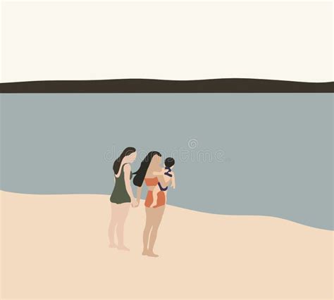 Lesbian Couple Two Beautiful Women With A Baby On The Beach Stock Vector Illustration Of