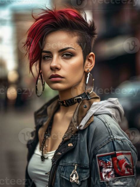 Young Punk Girl In Leather Clothes On An Abandoned City Street