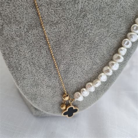 Grandinėlė Iš Nerūdijančio Plieno Ir Perliukų Dobilas Medicininio Metalo Papuošalai