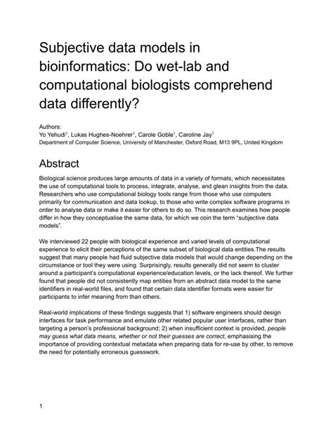 Pdf Subjective Data Models In Bioinformatics Do Wet Lab And