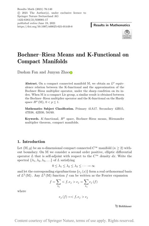 Bochnerriesz Means And K Functional On Compact Manifolds Request Pdf