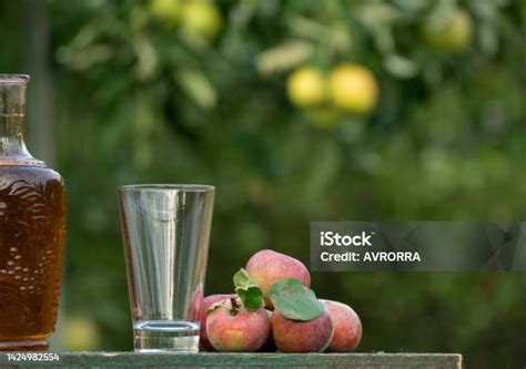 정원의 나무 테이블에 사과 주스가 있으며 그 주변에는 사과가 있습니다 농부는 주전자를 가져 와서 사과 과수원에서 유리에 신선한 주스를 붓습니다 사과 주스를 유리에 붓기