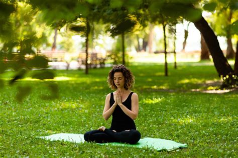 매력적이고 고요한 여성은 나무 아래 연꽃 위치에 앉아있다 요가와 명상 집중력과 휴식 자연과의 단합 가냘픈에 대한 스톡 사진 및 기타 이미지 Istock