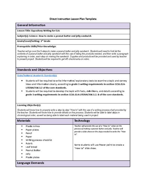 Direct Instruction Lesson Plan Template 3 Direct Instruction Lesson