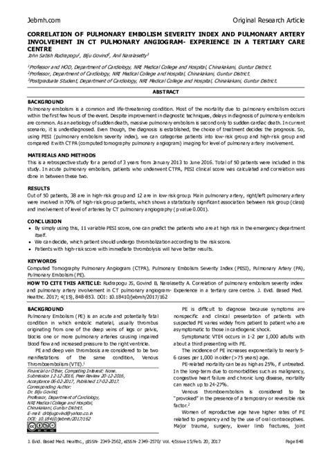 Pdf Correlation Of Pulmonary Embolism Severity Index And Pulmonary Artery Involvement In Ct
