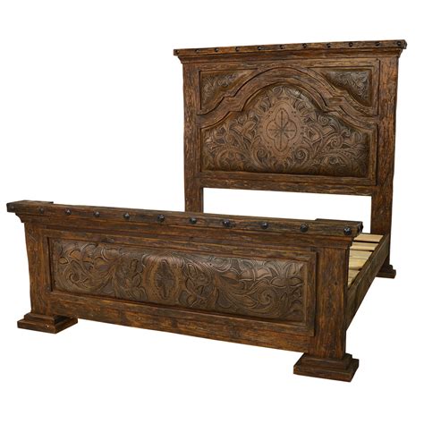 Roundup Solid Wood And Tooled Leather Bed Queen Lone Star Western Decor