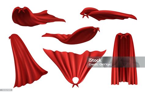 슈퍼 히어로 케이프 주름 괜찮은 벡터 현실적인 사진 세트 실크 섬유 의류 의상에서 빨간 유행 비옷 망토에 대한 스톡 벡터 아트