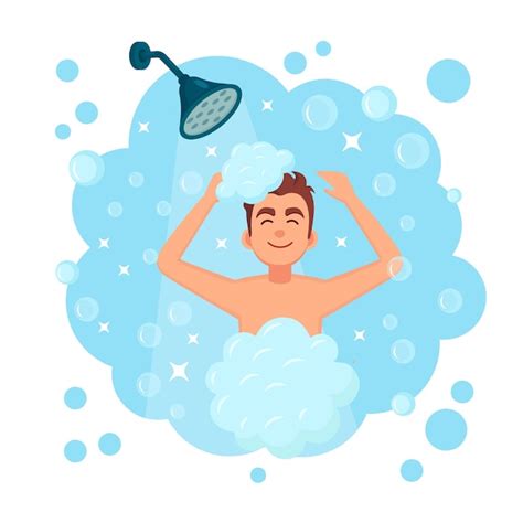Hombre Feliz Tomando Ducha En El Baño Vector Premium