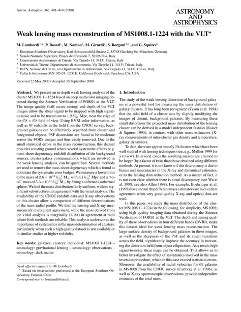 Pdf Weak Lensing Mass Reconstruction Of Ms10081 1224 With The Vlt