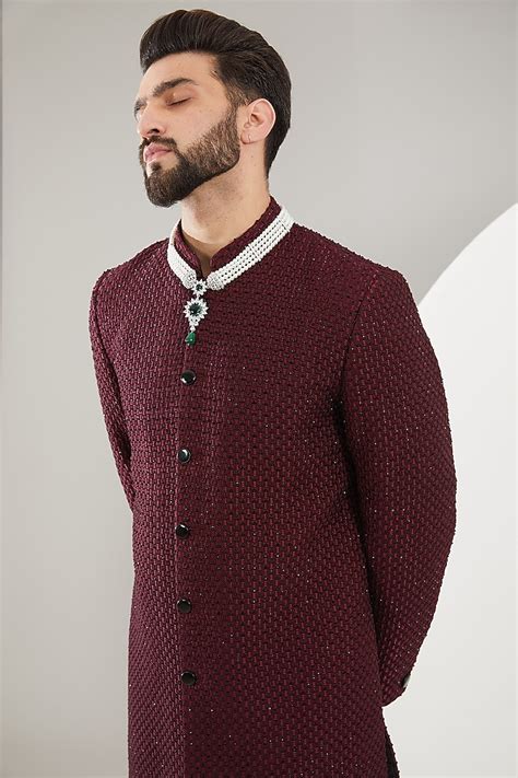 Buy Kasbah Clothing Maroon Velvet Cutdana Embroidered Sherwani At