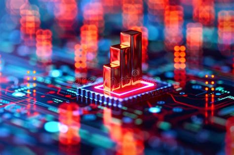 Digital Growth Rising Bar Chart On A Microchip Circuit Board Red And