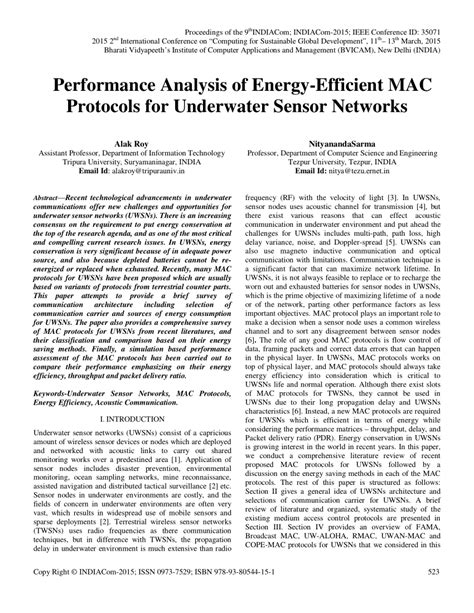 pdf performance analysis of energy efficient mac protocols for underwater sensor networks