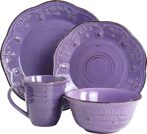 Elama Rustic Birch 16 Piece Stoneware Dinnerware Set In Purple Purple