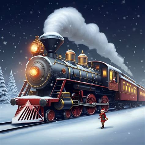 Ai Enhanced Large Steam Train On Snow With A Small Figure Snow Falling Stock Illustration