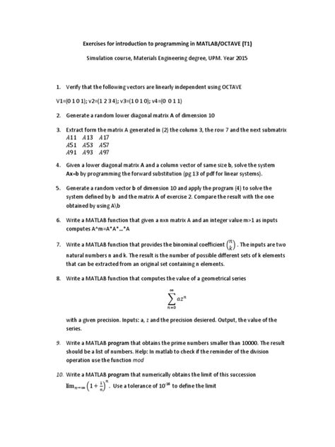 Exercises For Introduction To Programming In Matlaboctave T1 Pdf Matrix Mathematics