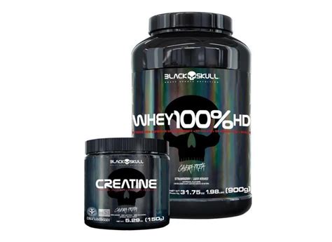 Combo Whey 100hd 3w 900g E Creatina Monohidratada 150g Black Skull