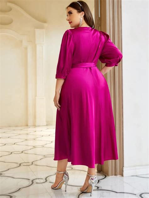 SHEIN Modely Plus Solid Belted Puff Sleeve Dress SHEIN UK