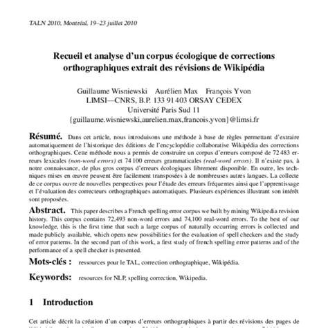 Recueil Et Analyse Dun Corpus écologique De Corrections Orthographiques Extrait Des Révisions