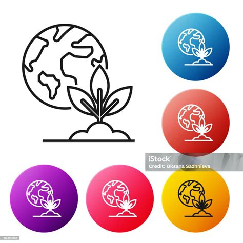 黑色線地球地球和植物圖示隔離在白色背景上世界或地球標誌幾何形狀環境概念設置圖示彩色圓圈按鈕向量插圖向量圖形及更多互聯網圖片 Istock