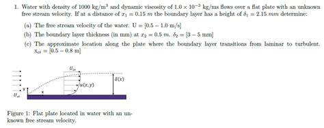 Solved 1. Water with density of 1000 kg/m3 and dynamic | Chegg.com