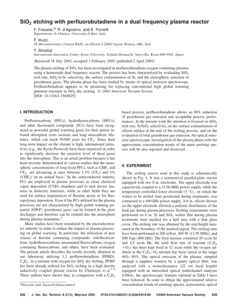 Pdf Sio2 Etching With Perfluorobutadiene In A Dual Frequency Plasma