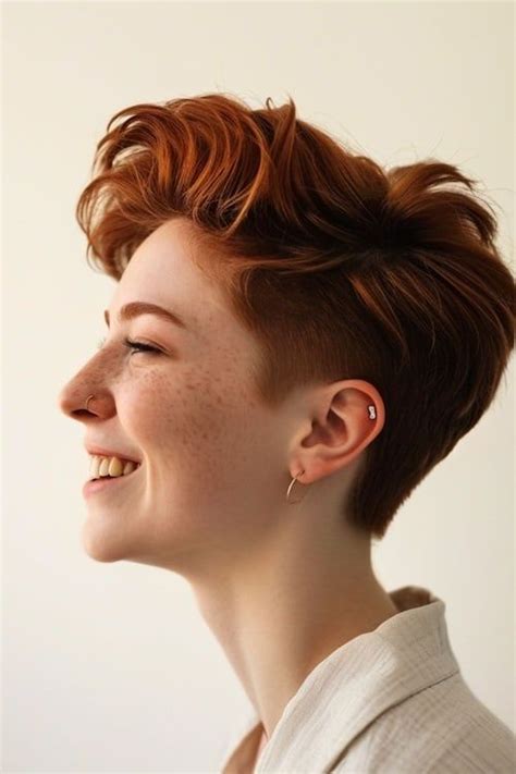 Auburn Red Hair Color And Short Pixie With Undercut Hairstyle Side