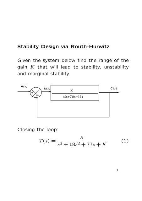 Stability Design Via Routh Hurwitz Given The System Below Find The