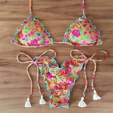 Hot Floral Print Bikinis Sexy Bandage Thong Swimwear Women Swimsuit
