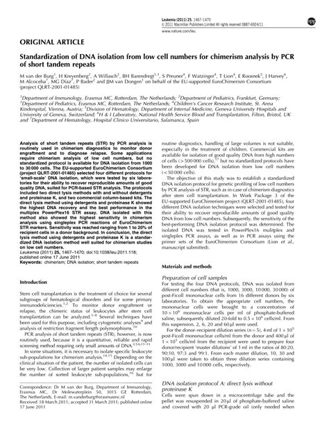 Pdf Standardization Of Dna Isolation From Low Cell Numbers For Chimerism Analysis By Pcr Of