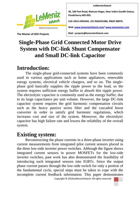 pdf single phase grid connected motor drive system with dc link shunt