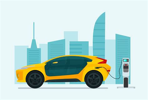 추상적 인 도시 경관을 배경으로 전기 Suv 자동차 전기 자동차는 충전 측면보기입니다 벡터 플랫 일러스트레이션입니다 개념에 대한 스톡 벡터 아트 및 기타 이미지 Istock