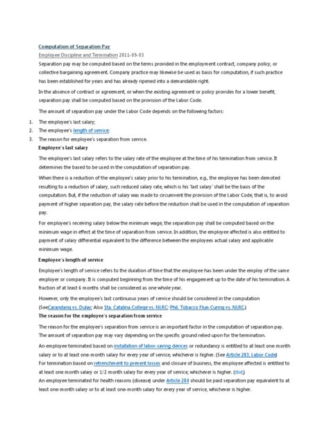 Computation Of Separation Pay Pdf Collective Agreement Employment