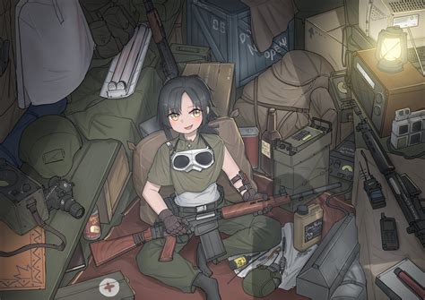 Srtdrawart Trespasser Highres 1girl Backpack Bag Battle Rifle Bed Belt Blush Box