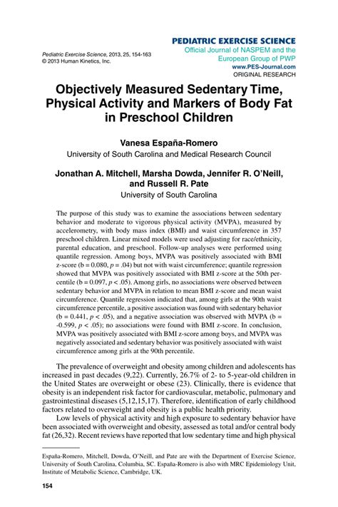 Pdf Objectively Measured Sedentary Time Physical Activity And Markers Of Body Fat In