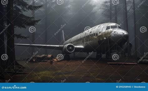 Foggy Forest A Photorealistic Portrait Of An Abandoned Airplane Stock