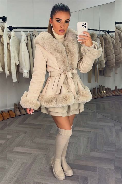 Womens Beige Faux Fur Faux Suede Hooded Belted Coat Uk