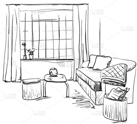 家具 住宅房间 草图 室内 举起手 窗户 白色 公寓 窗帘 绘制图片 空间图片素材 花瓣网