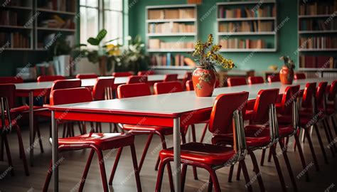 Premium Ai Image Red Desks With Chairs In Classroom Front View