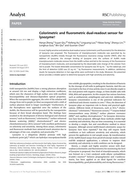 Pdf Colorimetric And Fluorometric Dual Readout Sensor For Lysozyme